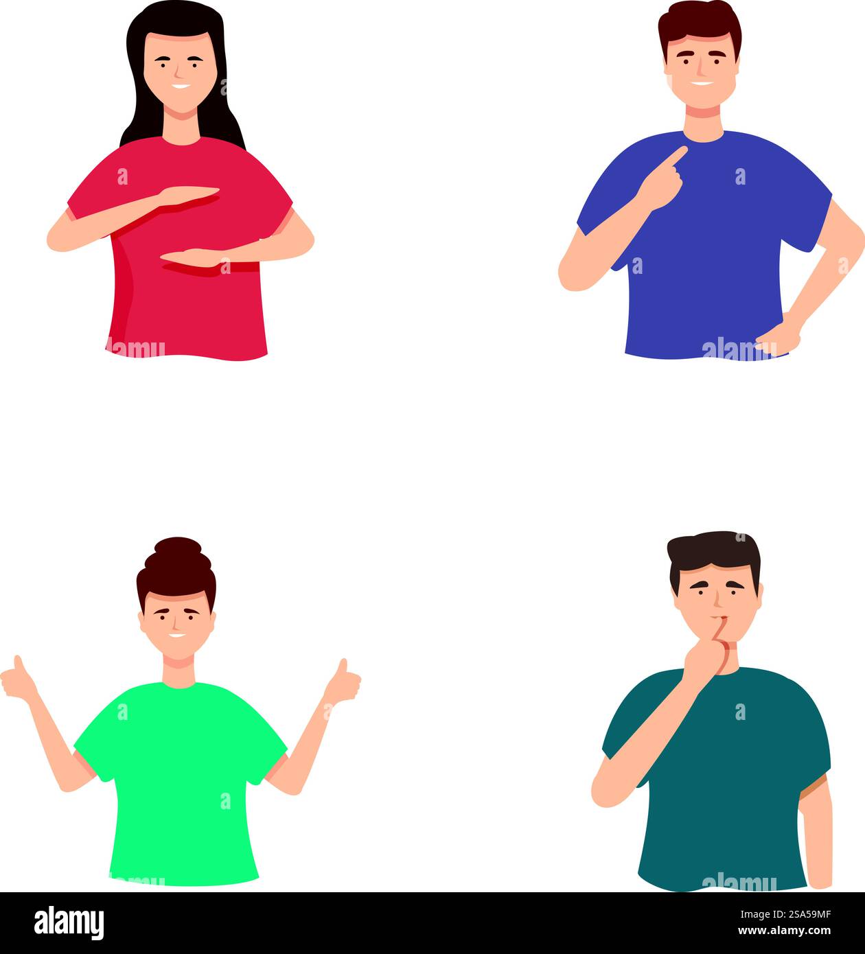 Collection of illustrated characters showing various hand signals and expressions. Set of ...
