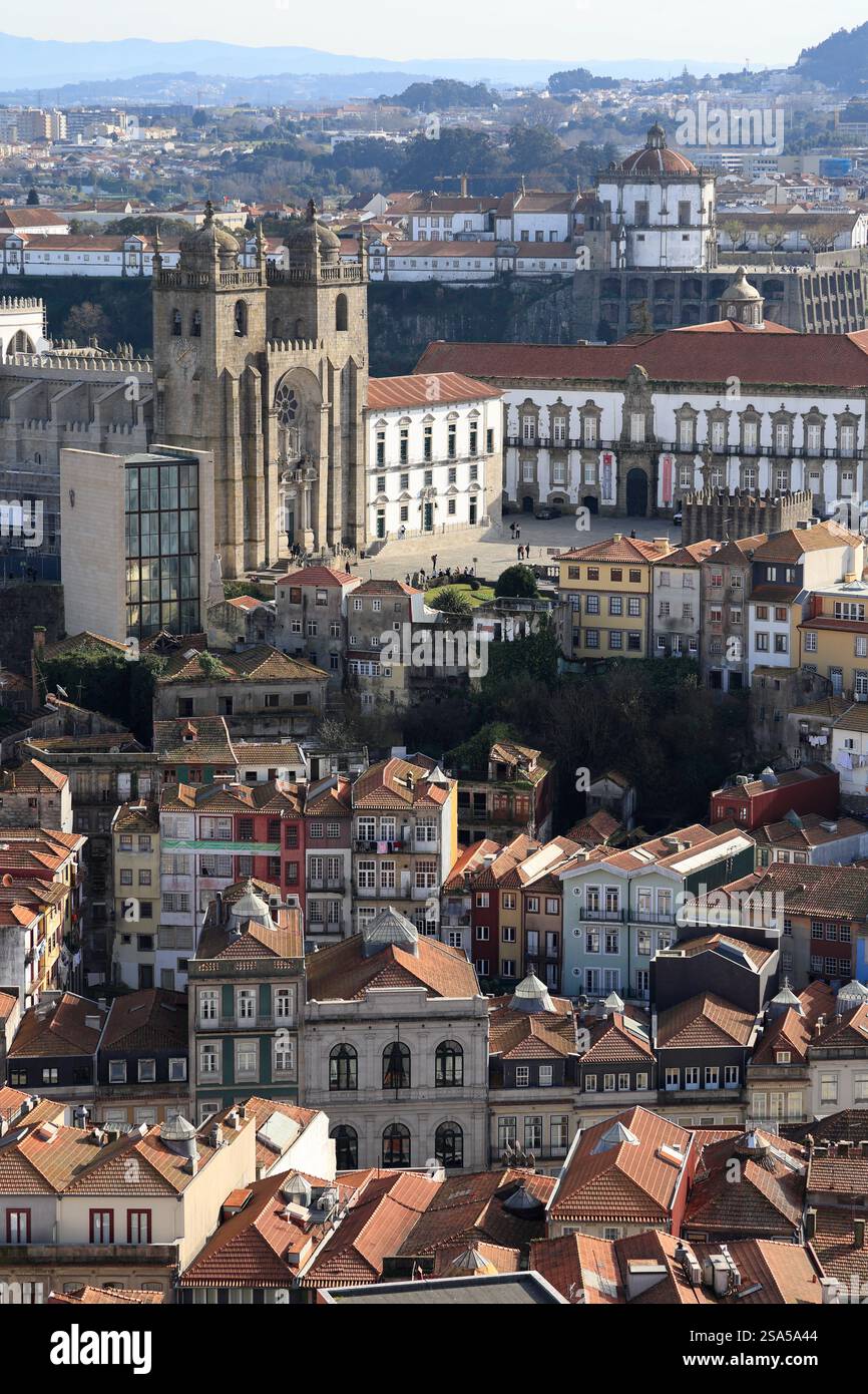 The rooftop view of historic old town of Porto with Porto Cathedral aka ...