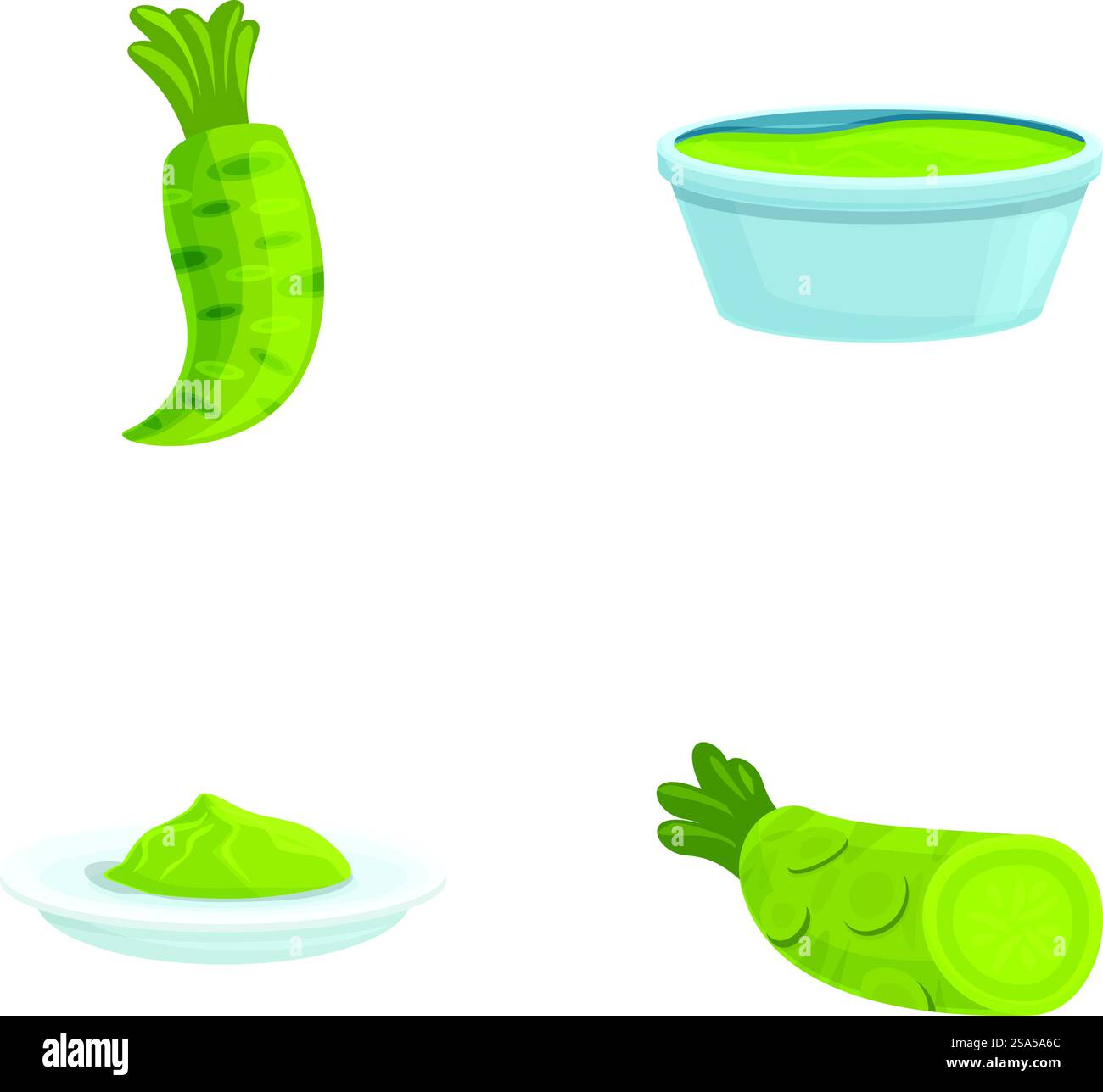 Wasabi dressing icons set cartoon vector. Wasabi root and bowl of sauce ...