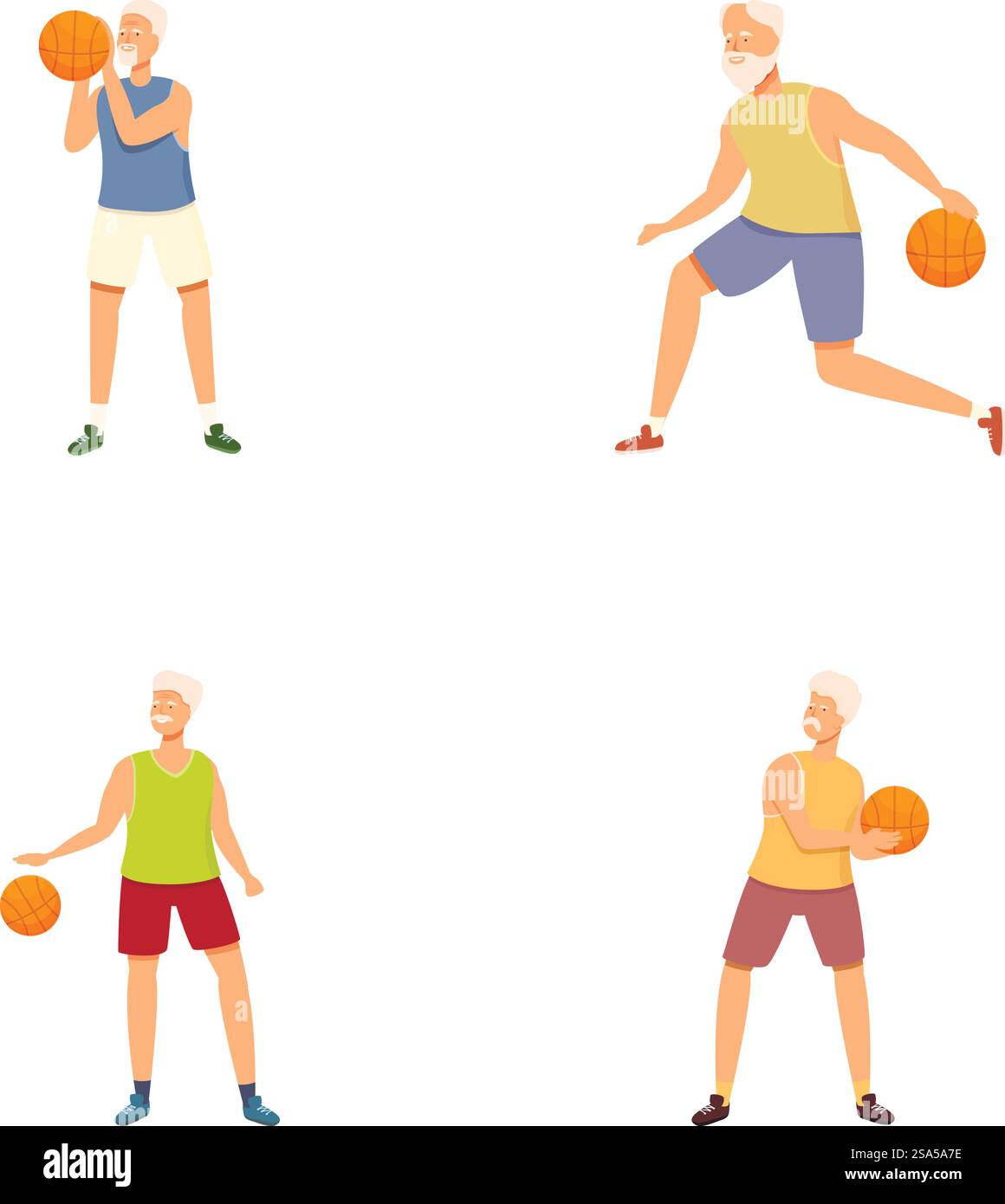 Energetic senior man playing basketball on a court, dribbling the ball ...