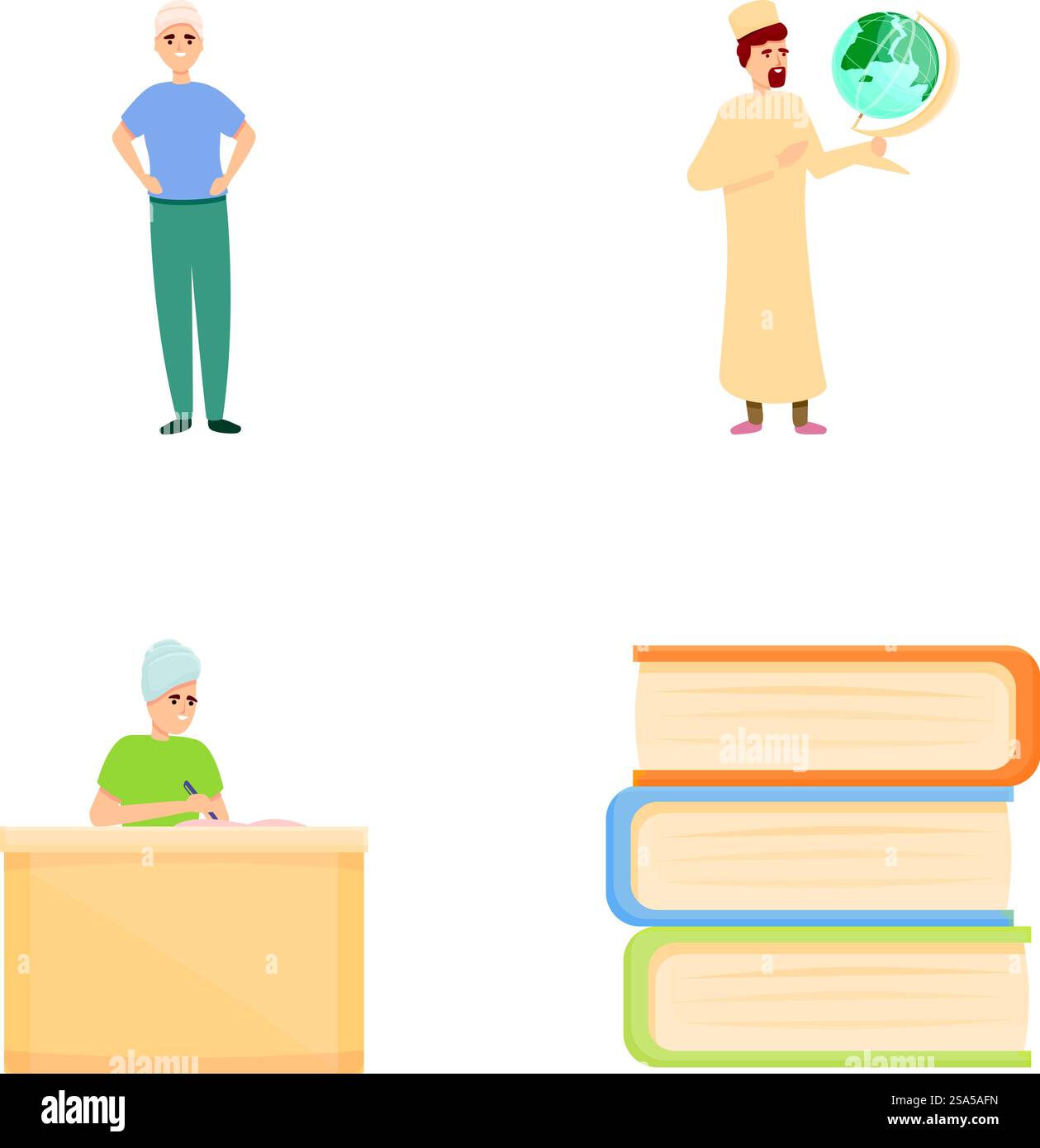 Muslim education icons set cartoon vector. Arabic pupil in national ...