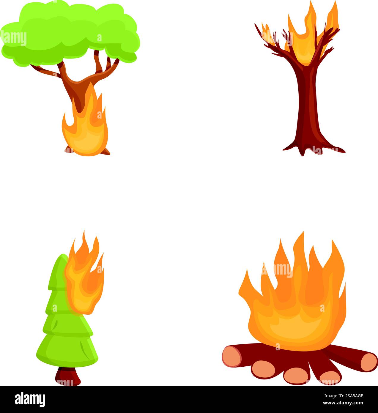Forest fire icons set cartoon vector. Burning tree and bonfire. Fire ...