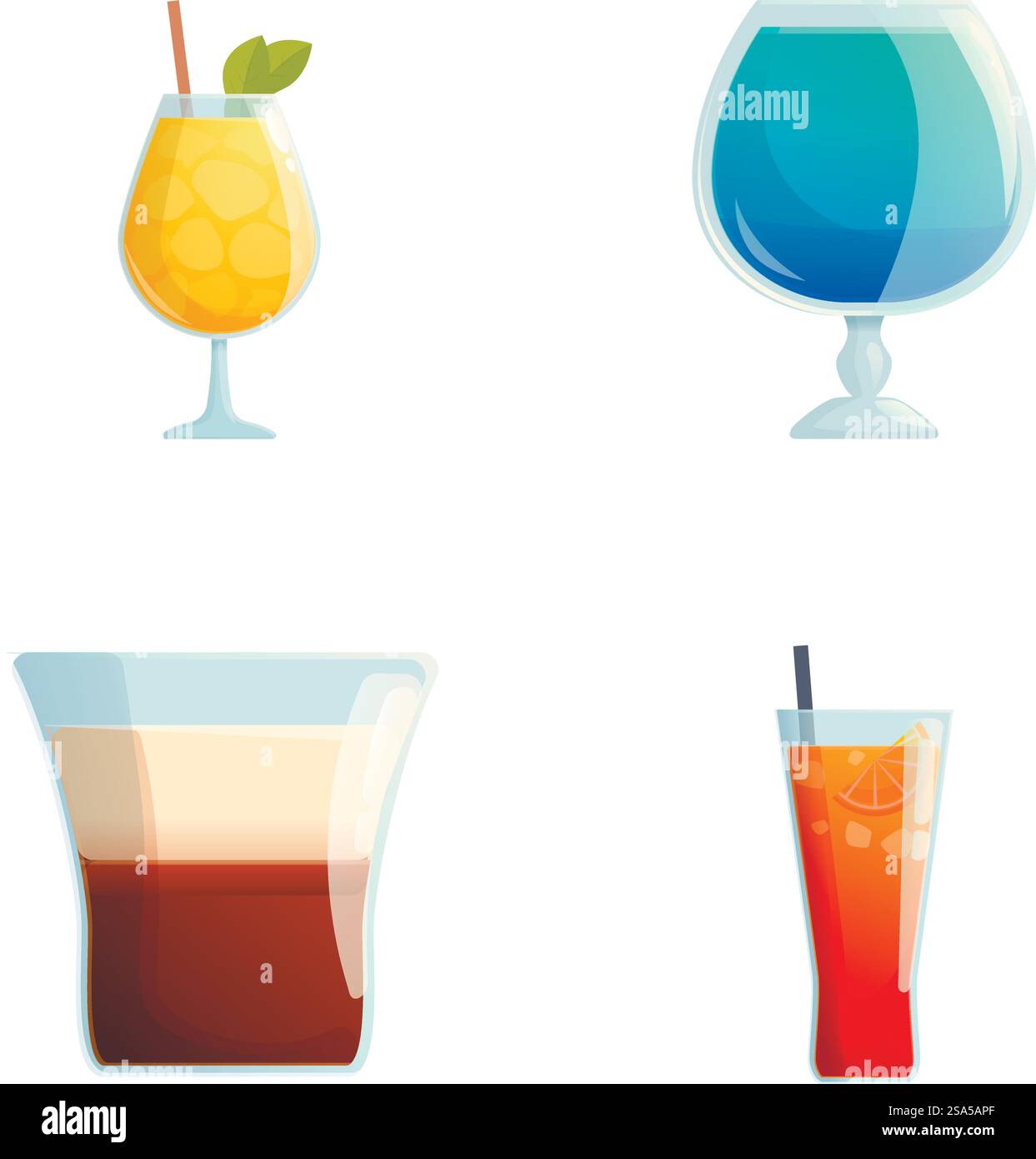 Vector set of different drinks in stylized glasses on a white ...
