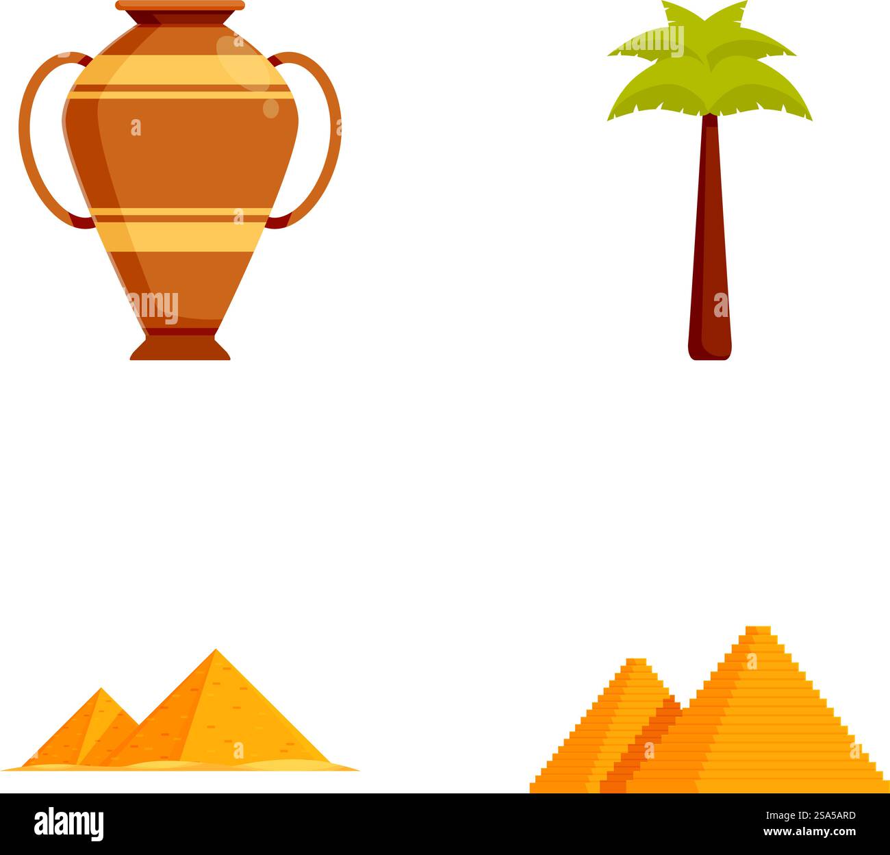Vector illustration set featuring ancient vase, palm tree, and pyramids ...