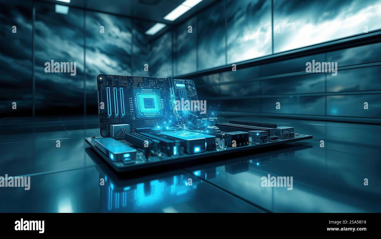 A glowing CPU with futuristic blue light effects, surrounded by ...