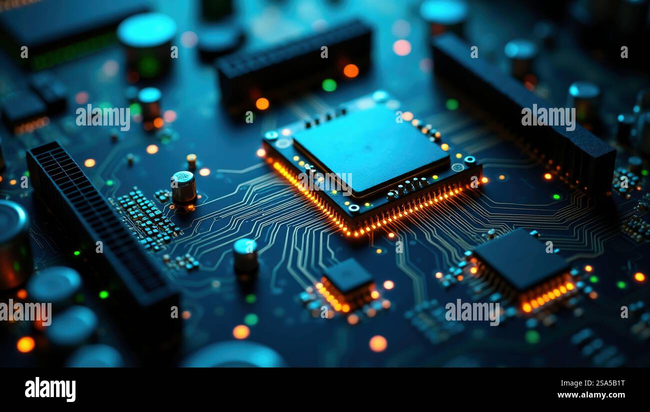 A detailed close-up of a futuristic computer motherboard with glowing ...