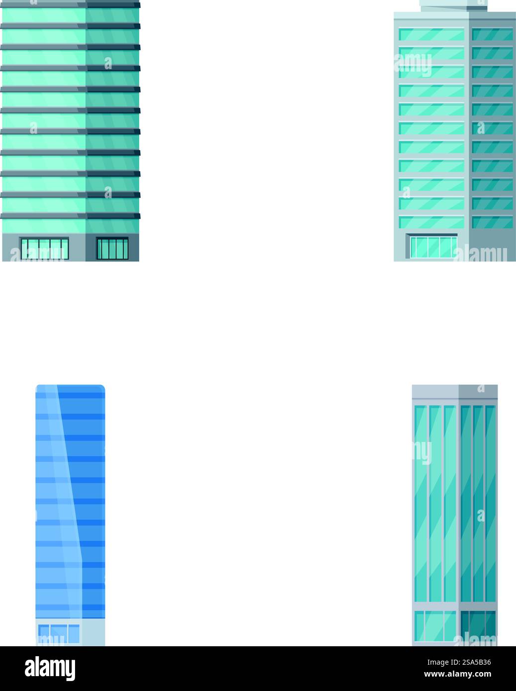 Four vector graphics depicting contemporary skyscraper designs with glass facades. Set of modern ...