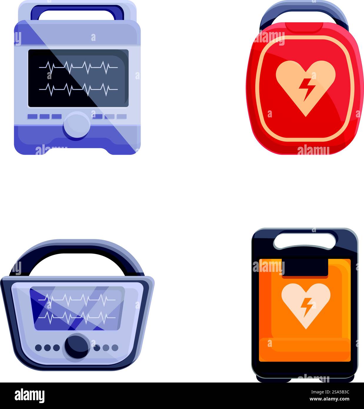 Defibrillator machine icons set cartoon vector. Automated external defibrillator. Cardiology ...