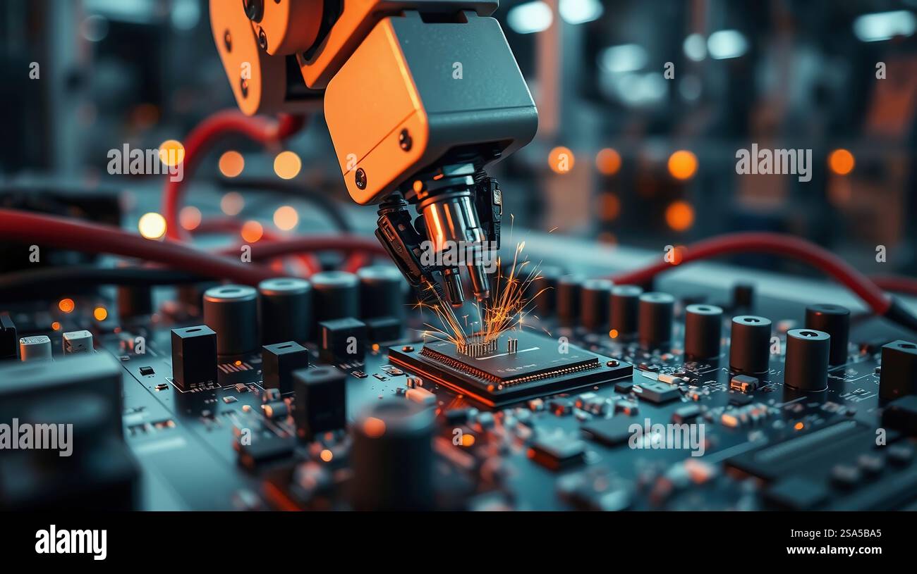 A high-tech close-up of a robotic arm welding a microchip on a ...