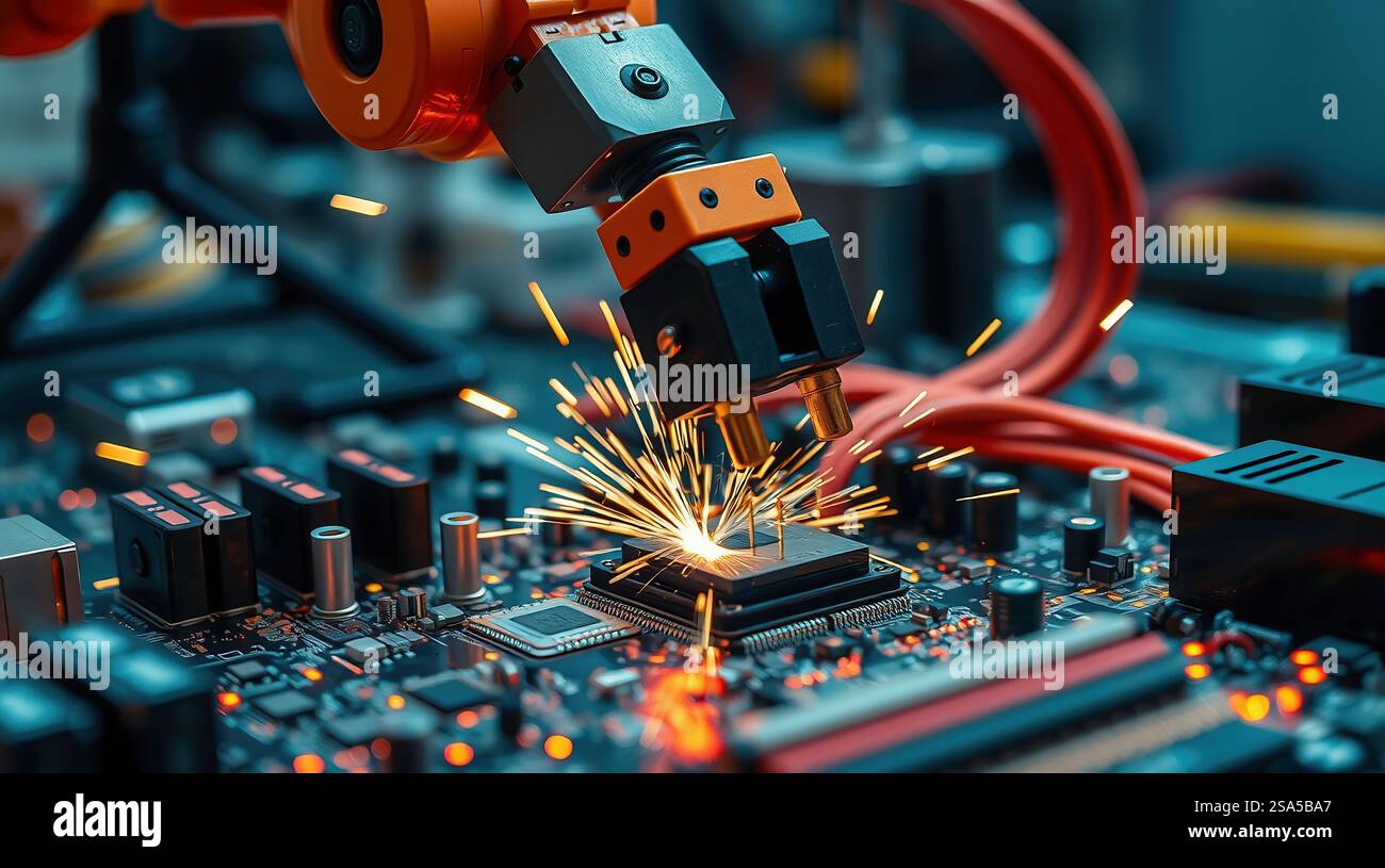 A high-tech close-up of a robotic arm welding a microchip on a ...