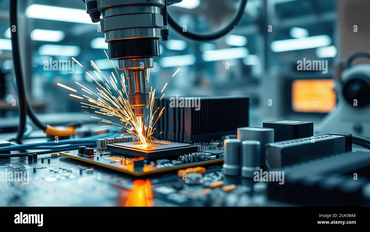 A high-tech close-up of a robotic arm welding a microchip on a ...