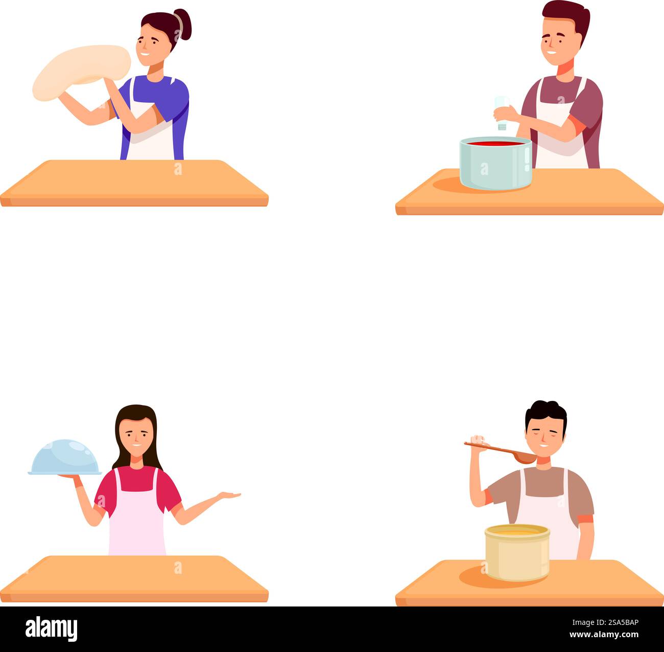 Set of four vector illustrations showing cartoon chefs engaged in ...