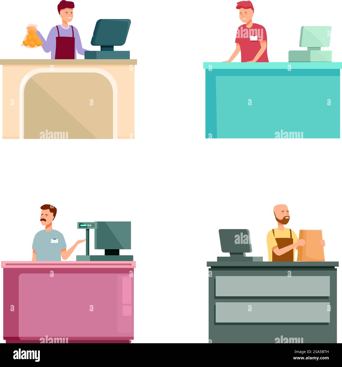 Collection of four illustrations showcasing cashiers working at various ...