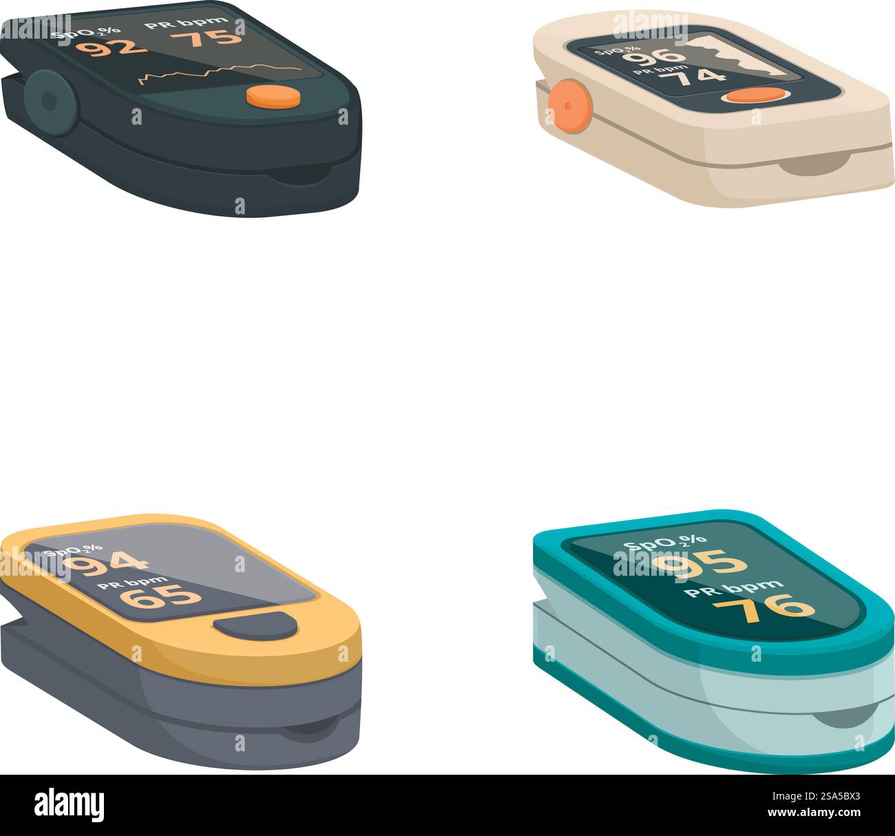Four 3d pulse oximeters in different colors, isolated on white ...