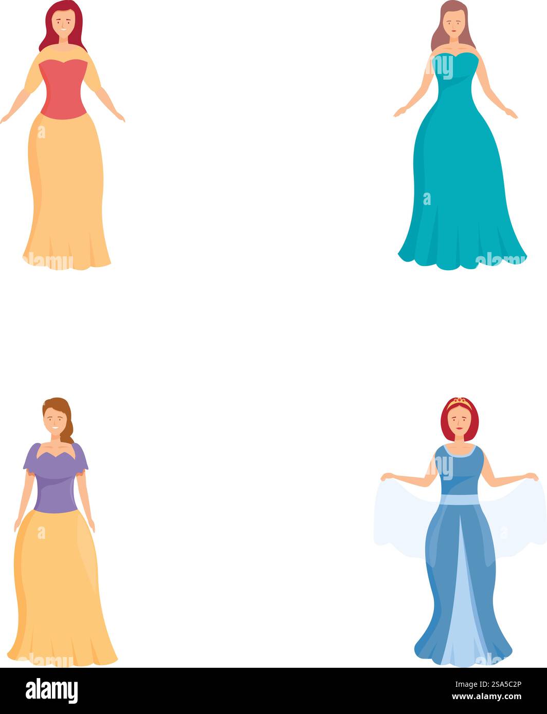 Collection of four women in stylish evening dresses, formal wear vector ...