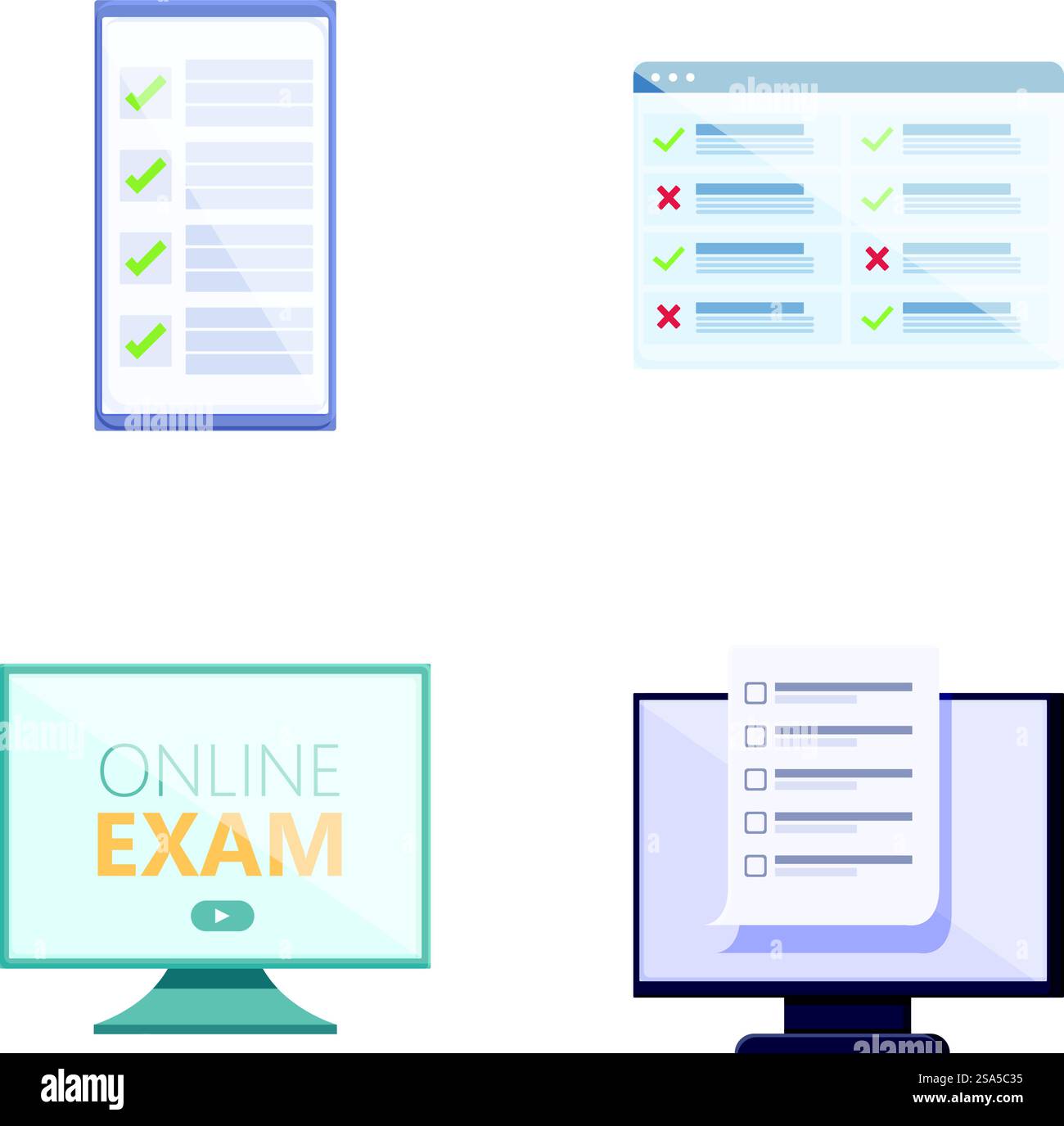 Online exam icons set cartoon vector. Taking exam or test on device ...