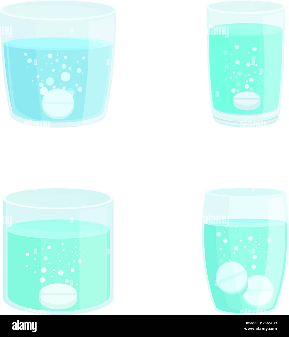 Vector set depicting a tablet dissolving in water glasses, showing ...