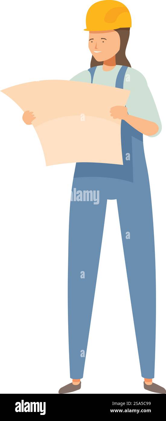 Construction worker is carefully examining a blueprint on a ...