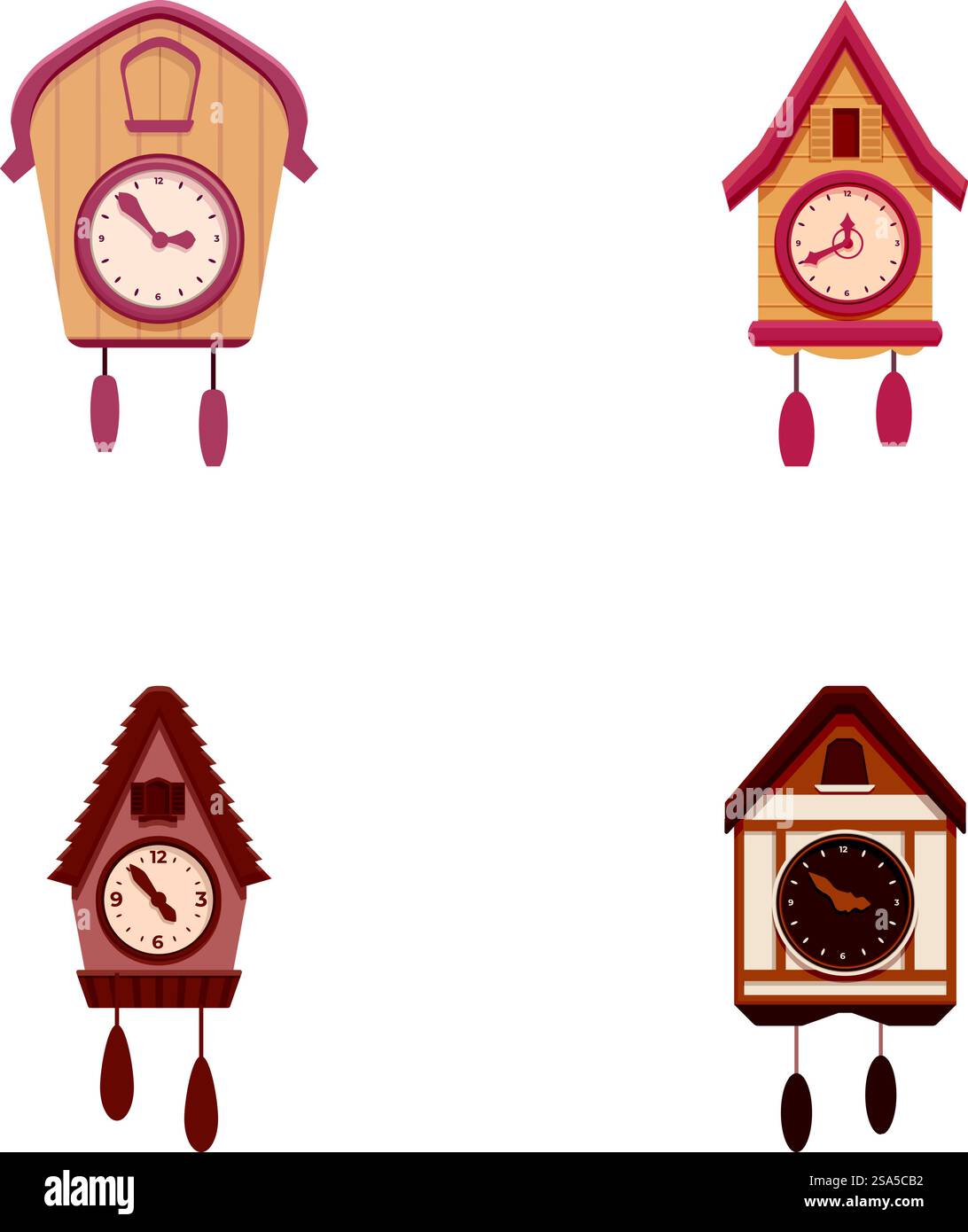 Collection of four different cartoonstyle cuckoo clocks with a vintage ...