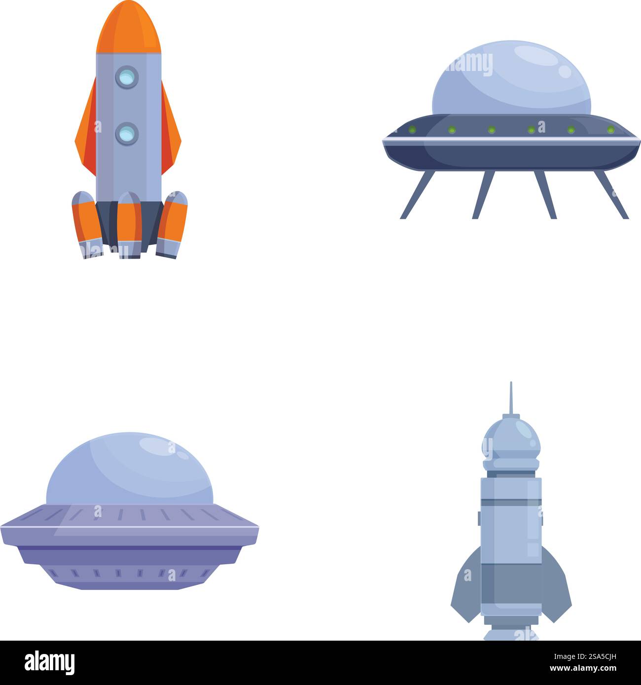 Futuristic spacecraft collection vector set with illustrations of rockets, ufos, spaceships, and ...