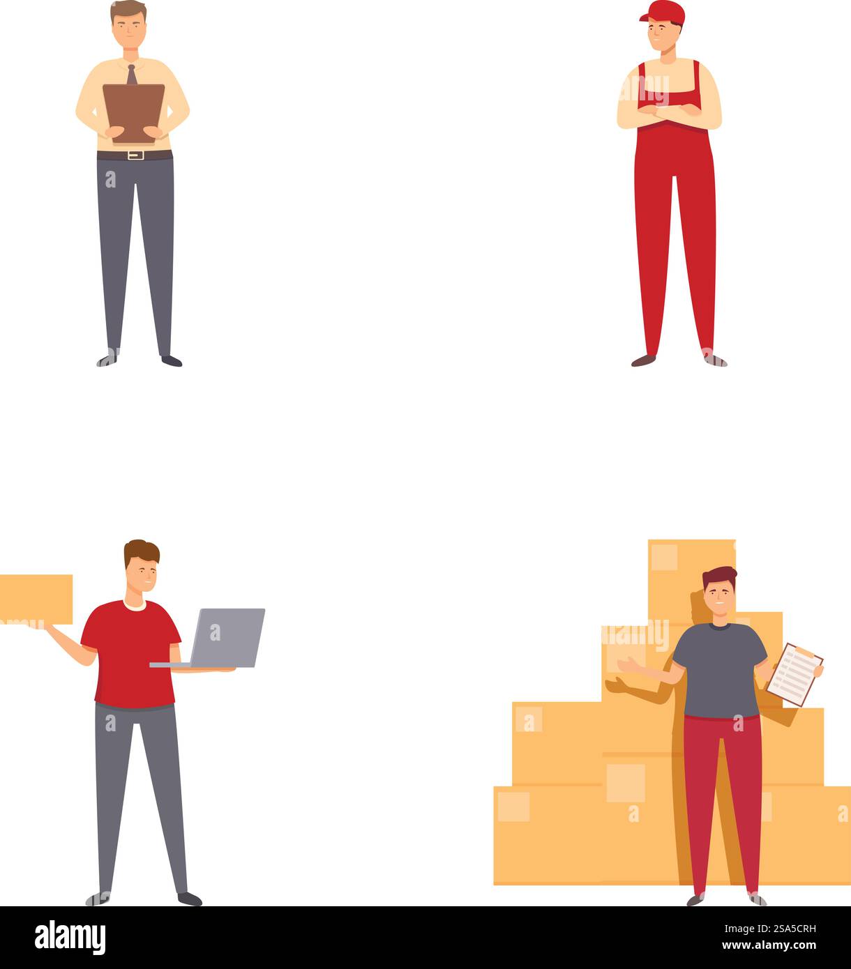 Illustration set showing delivery men with packages, a checklist, and a ...