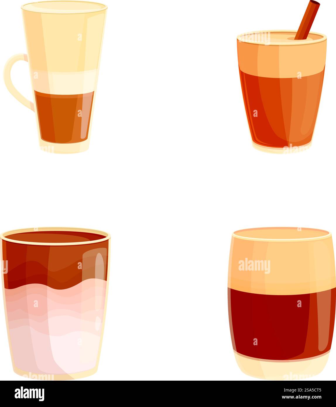 Vector illustrations of four layered coffee beverages in various cup ...