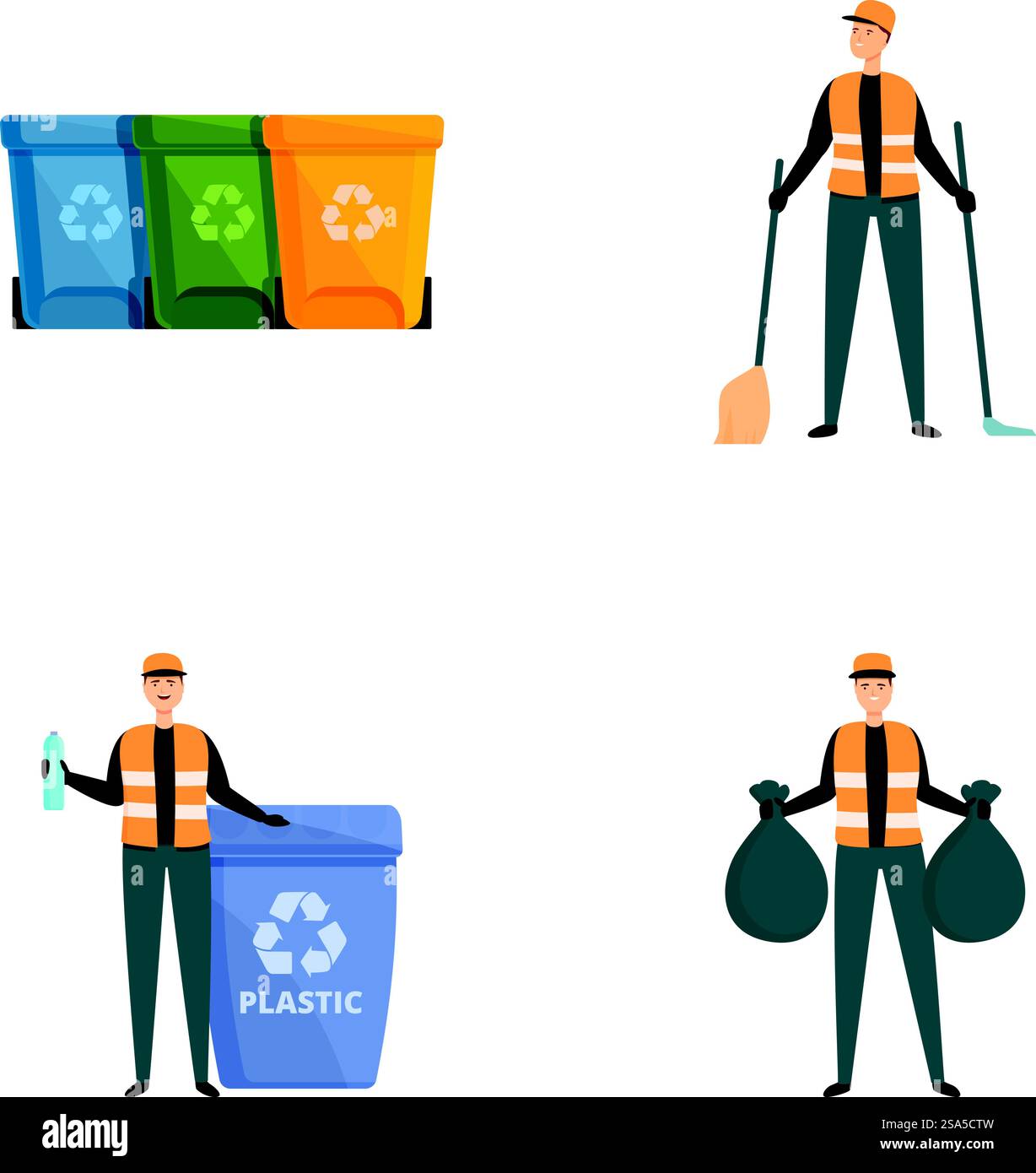 Street sweeper icons set cartoon vector. Men street cleaner in uniform ...