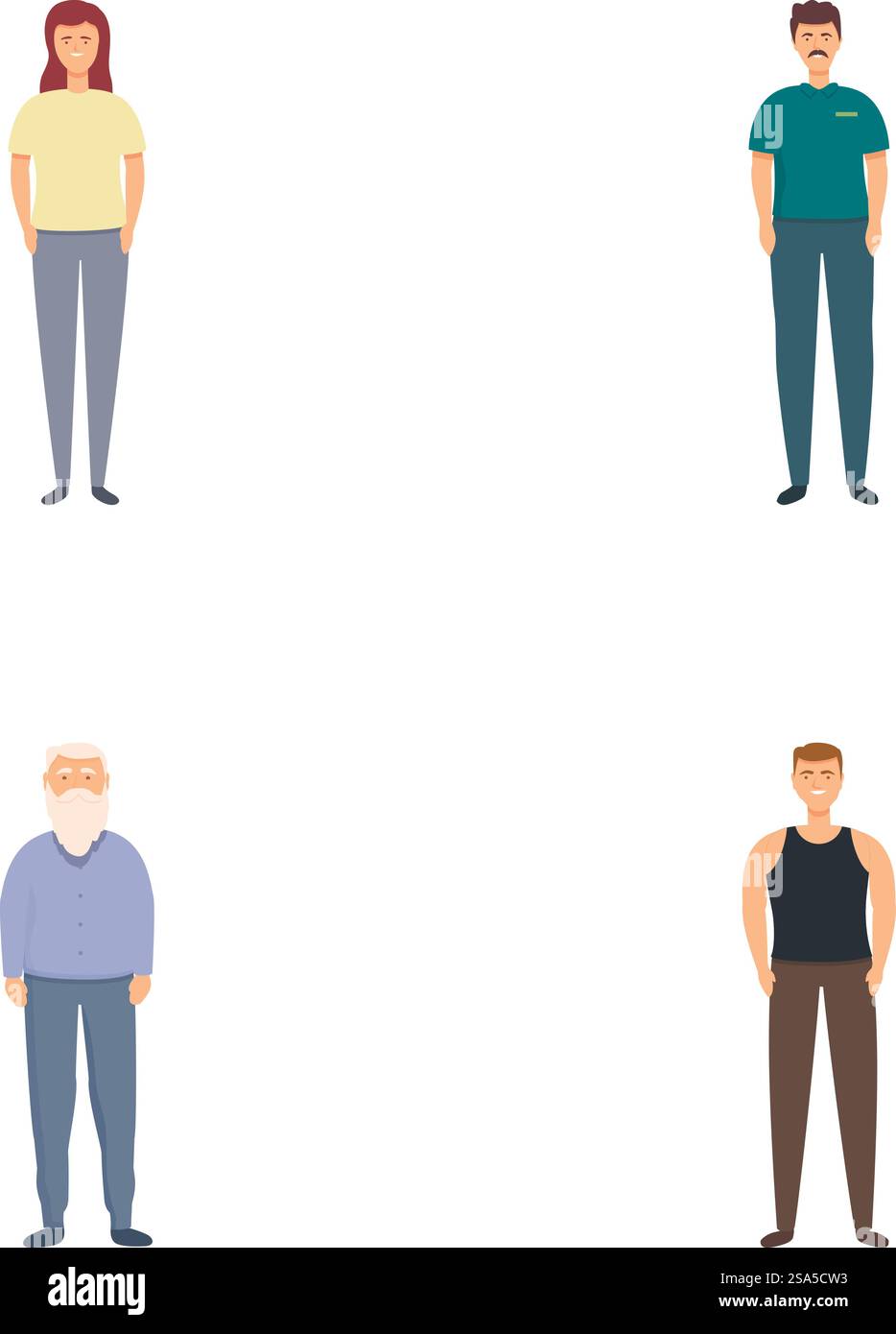 Flat design vector illustration of four cartoon adults with different ...