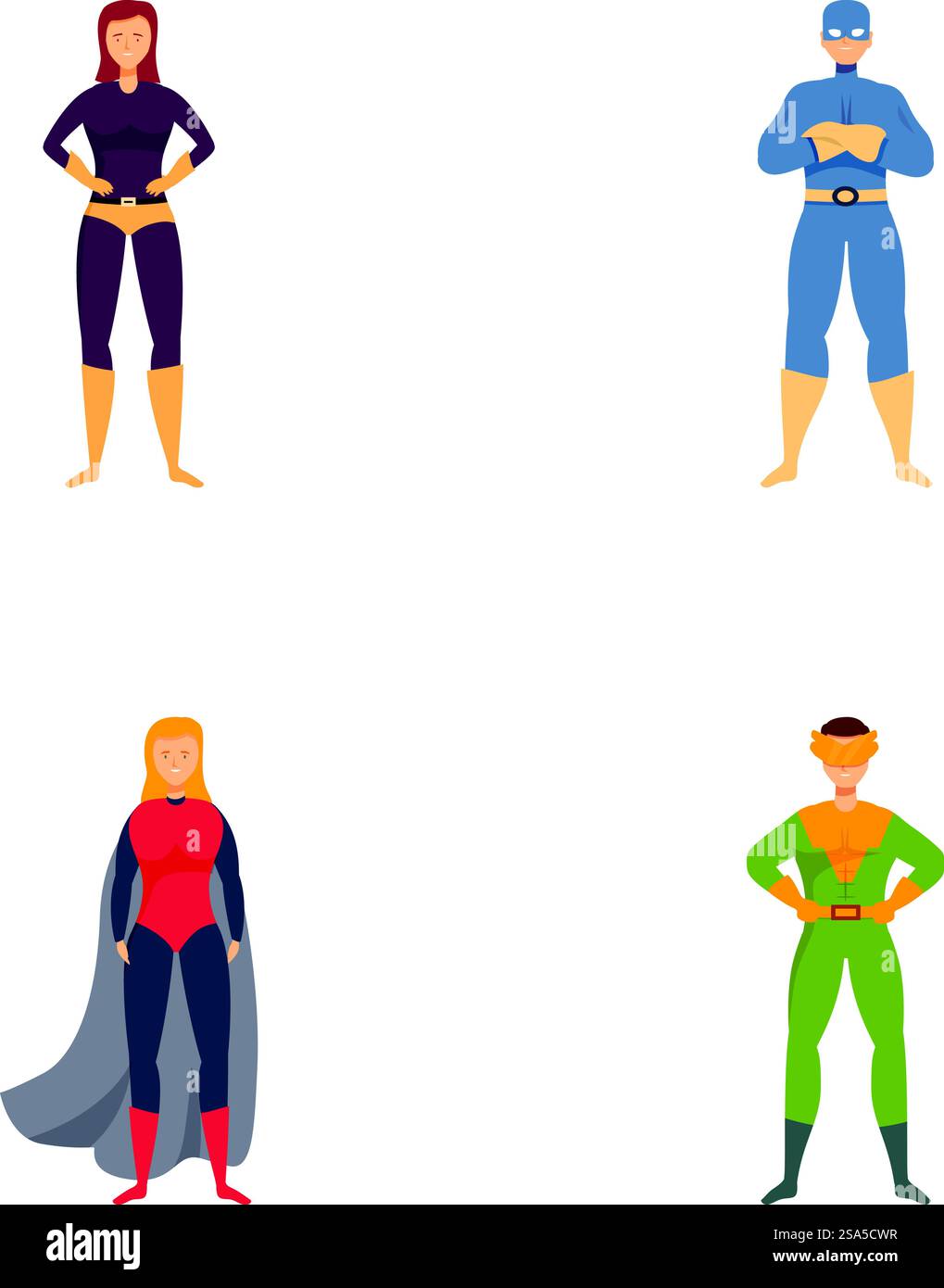 Set of four diverse superhero characters in colorful costumes, isolated ...