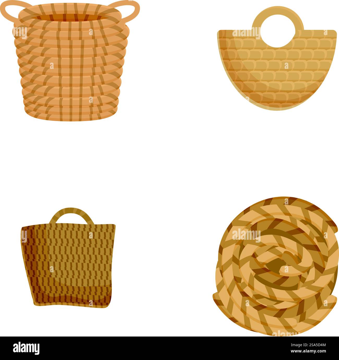Four various types of illustrated woven baskets in a neutral color ...