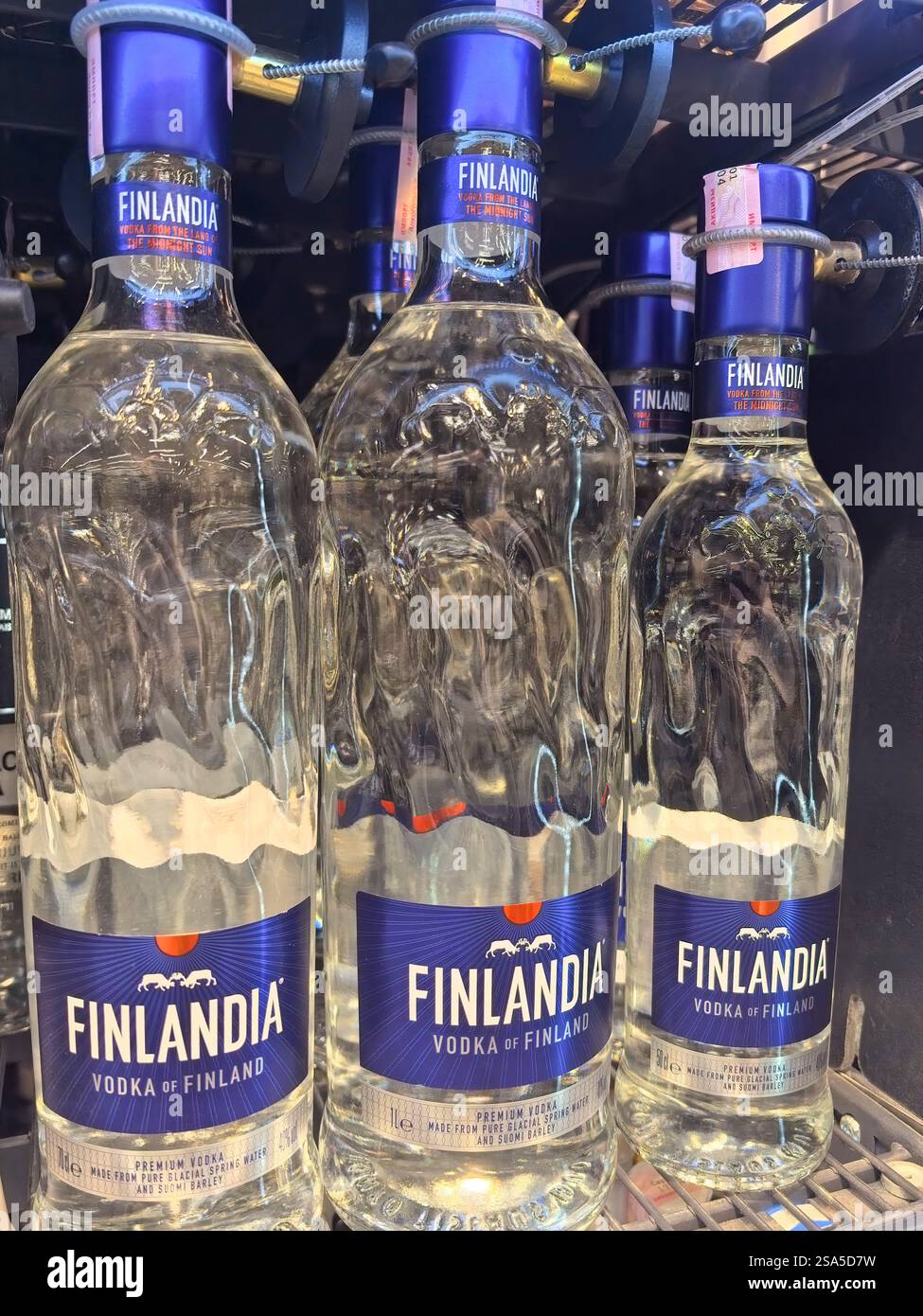 Bobruisk, Belarus - 26 January 2025: Several bottles of Finlandia vodka ...