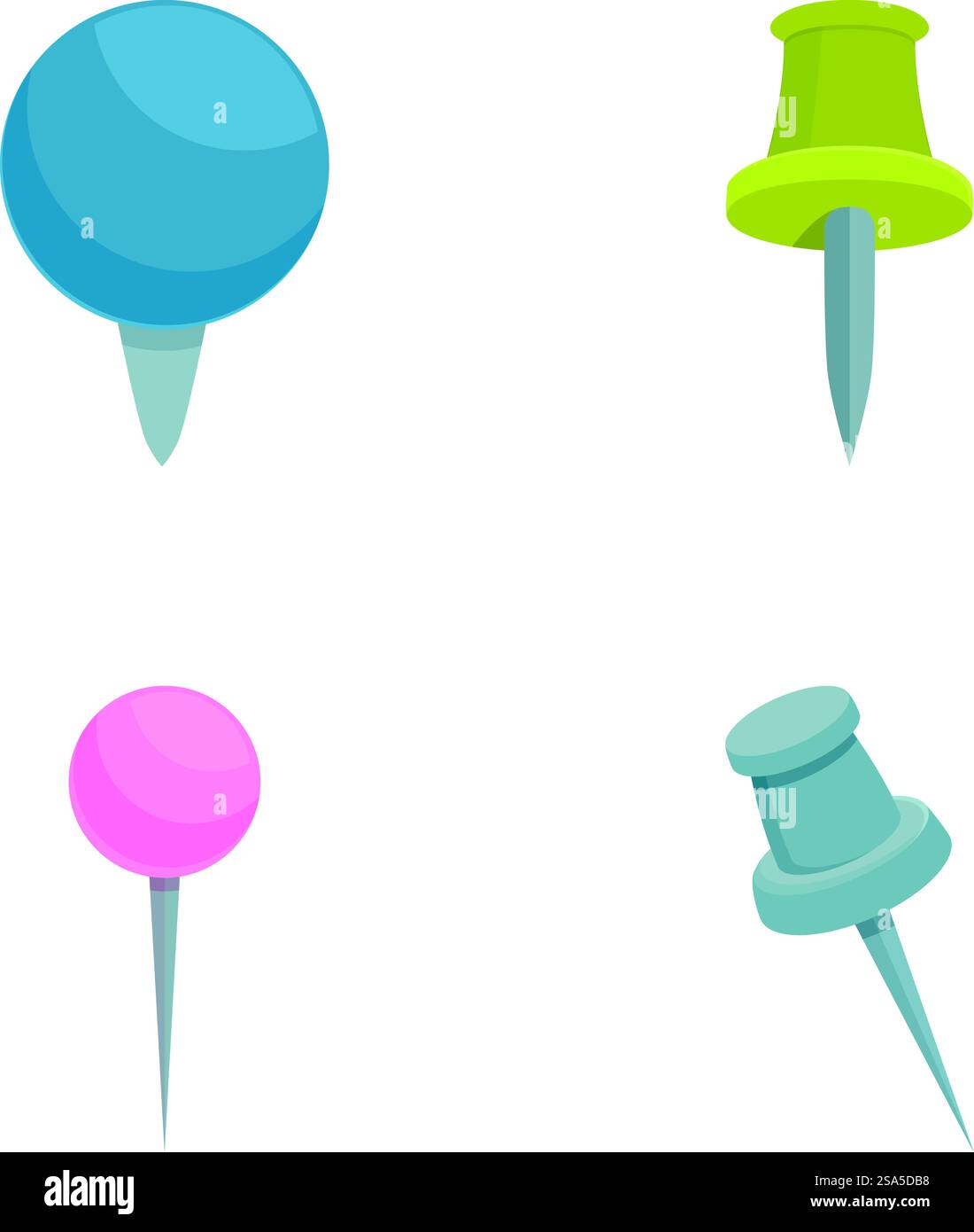 Vector illustration of colorful push pins in different designs isolated ...