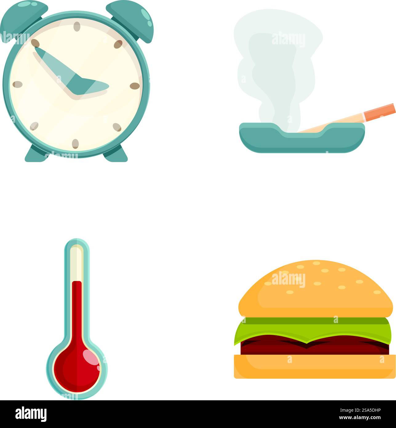 Insomnia cause icons set cartoon vector. Junk food, smoking and high ...