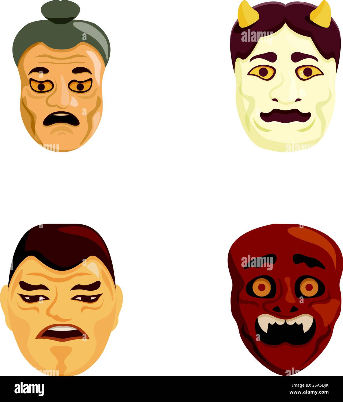 Collection of four stylized japanese noh masks representing different ...