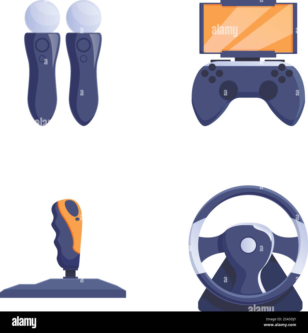 Collection of four different video game control devices, isolated on white. Set of video game ...