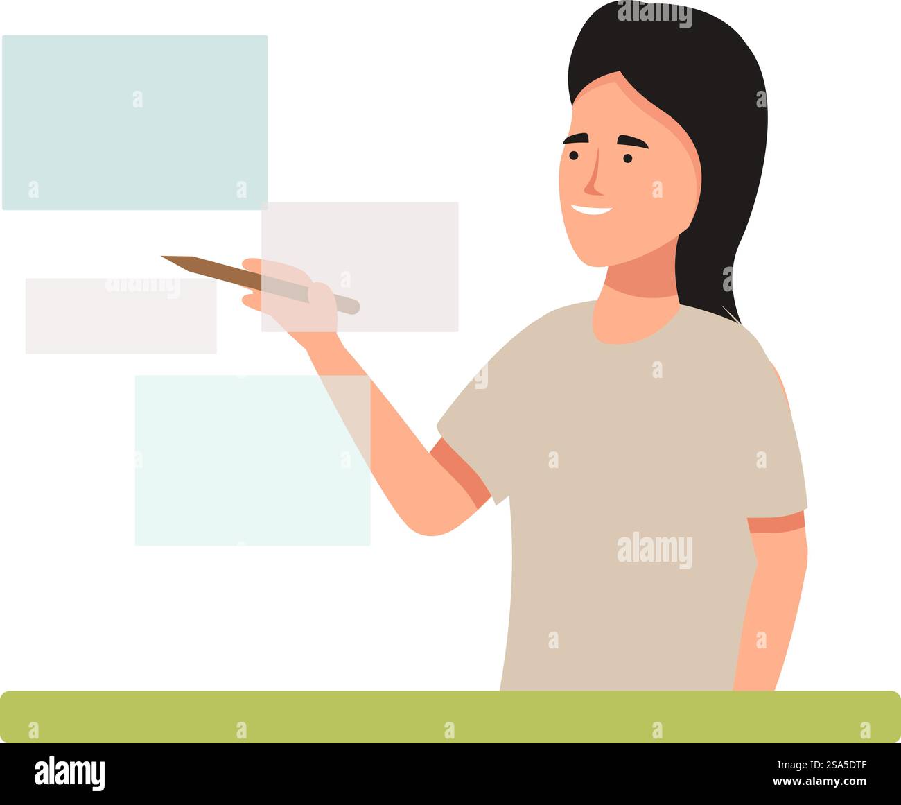 Young woman teacher is pointing at a whiteboard with a wooden pointer ...