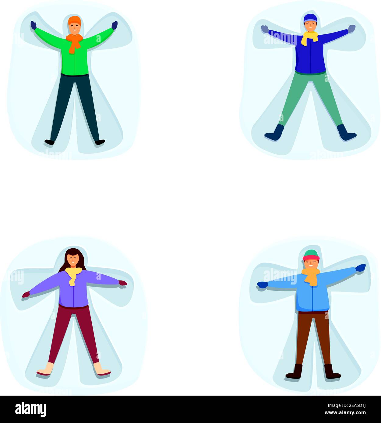 Four colorful, diverse cartoon characters enjoying winter fun, making ...