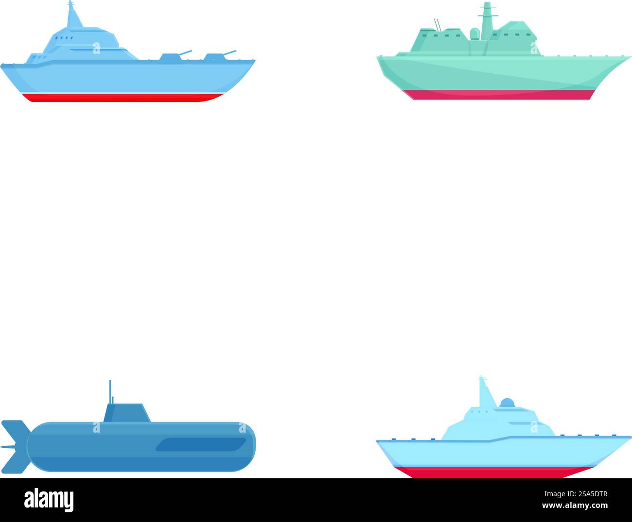 Collection of four stylized cartoon ships and submarine, perfect for military or transport ...