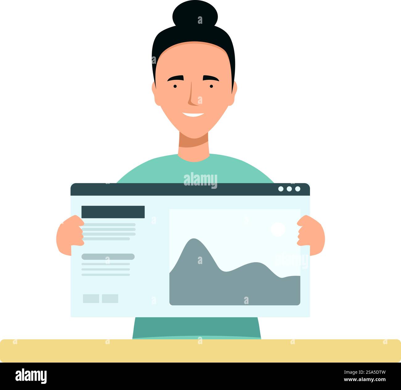 Web designer is holding a computer screen and showing a website layout ...