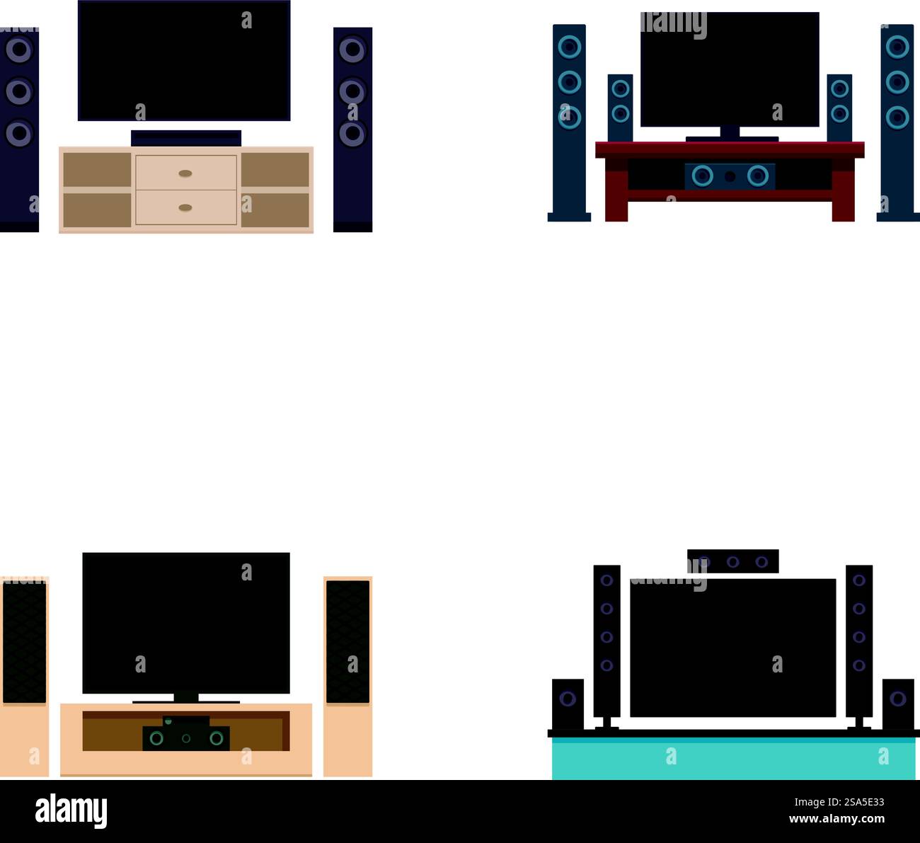 Set of four vector illustrations featuring diverse styles of home entertainment systems with ...
