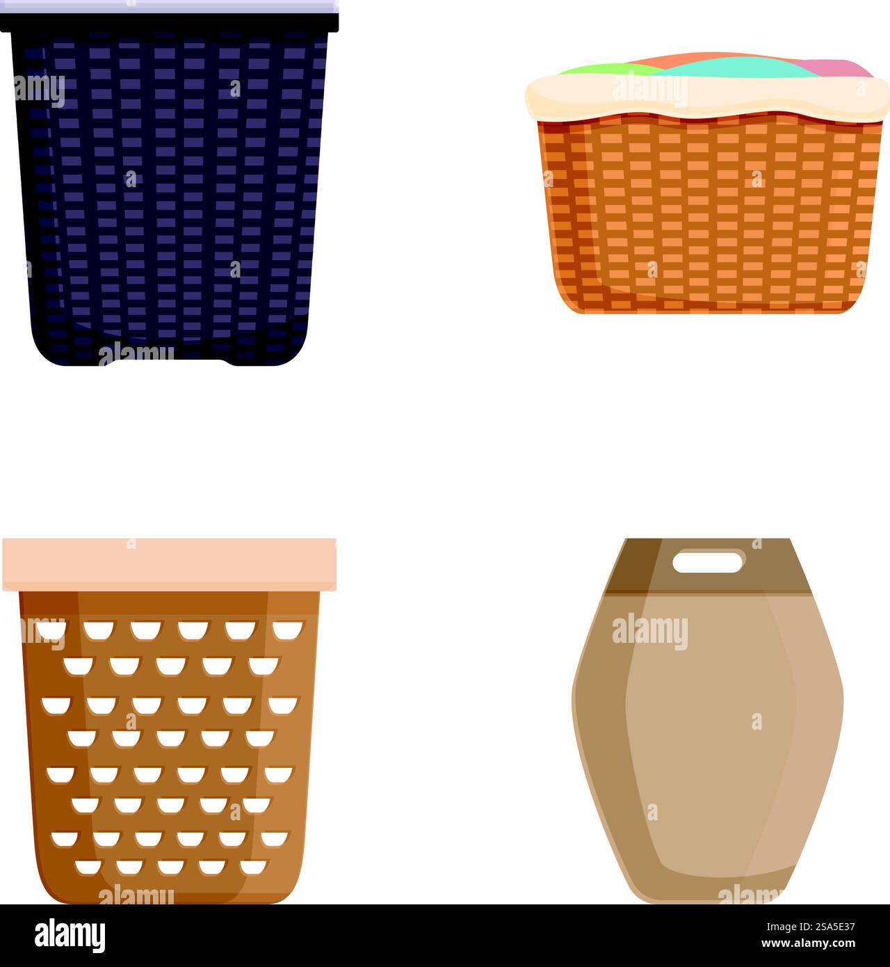 Collection of four different basket and bin illustrations isolated on ...