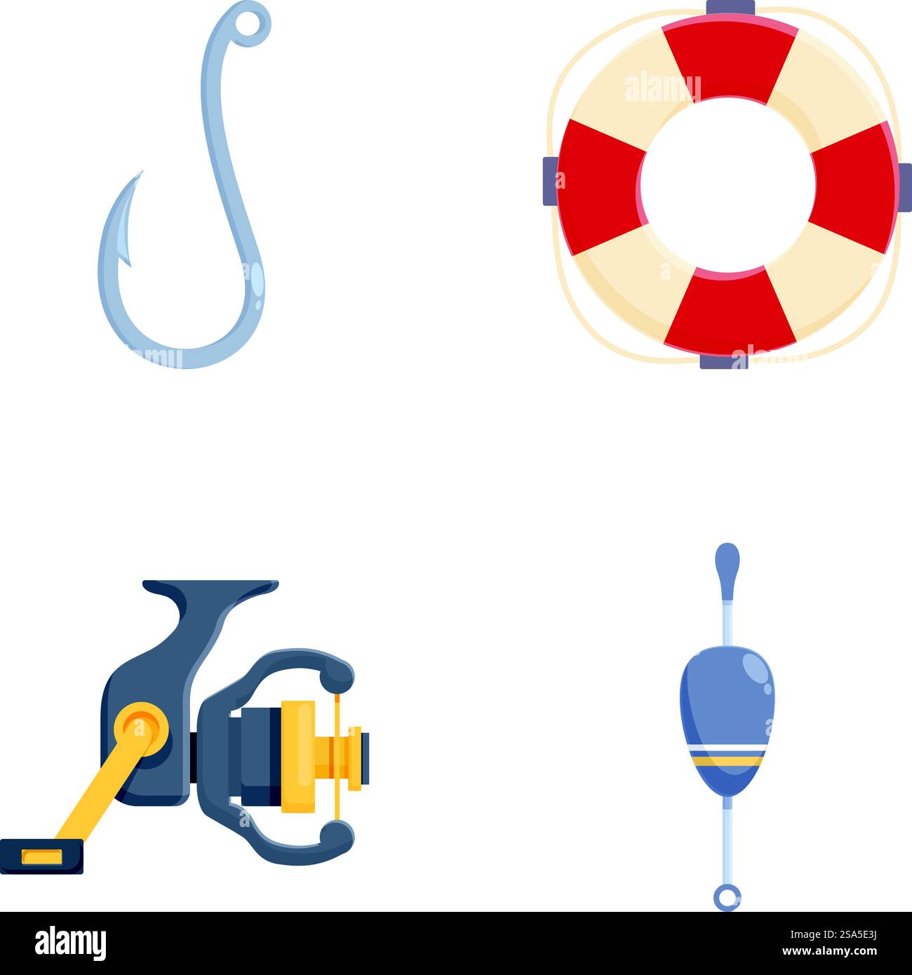 Set of four flat icons representing fishing hook, lifebuoy, reel, and ...
