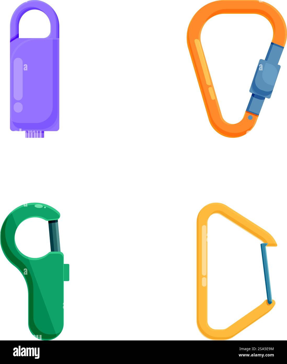 Set of four colorful climbing carabiners with different shapes and ...