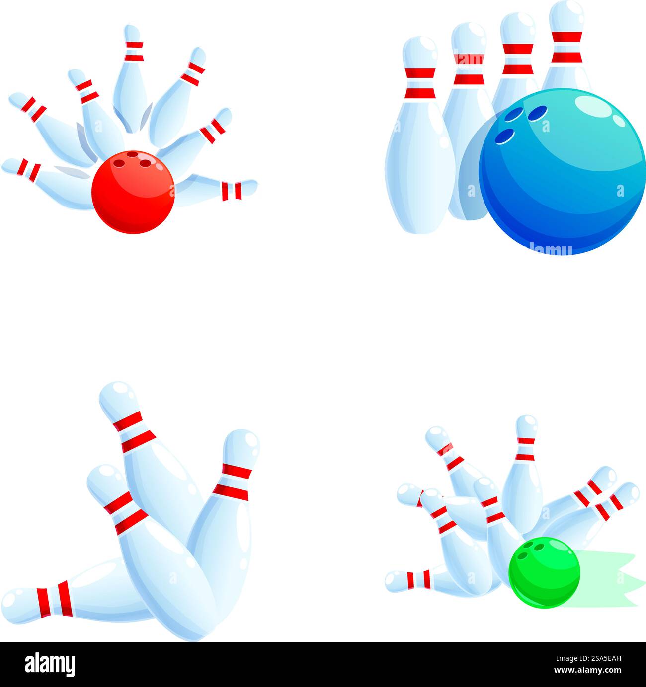 Set of colorful cartoon bowling scenes with strikes and spares isolated ...
