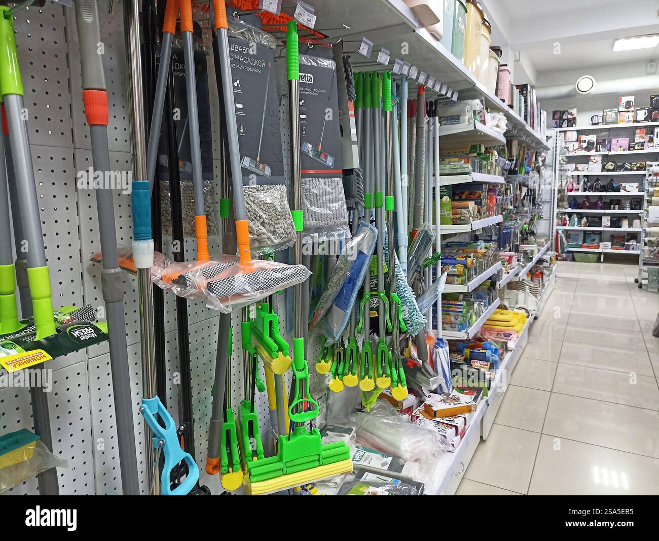 Cleaning supplies aisle in hardware store with various tools and ...