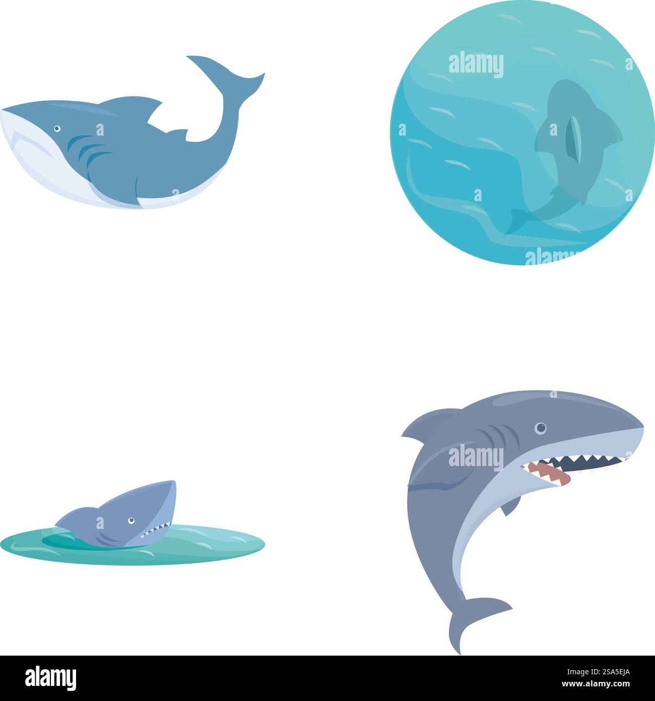 Set of illustrated sharks showing different emotions and actions on a ...