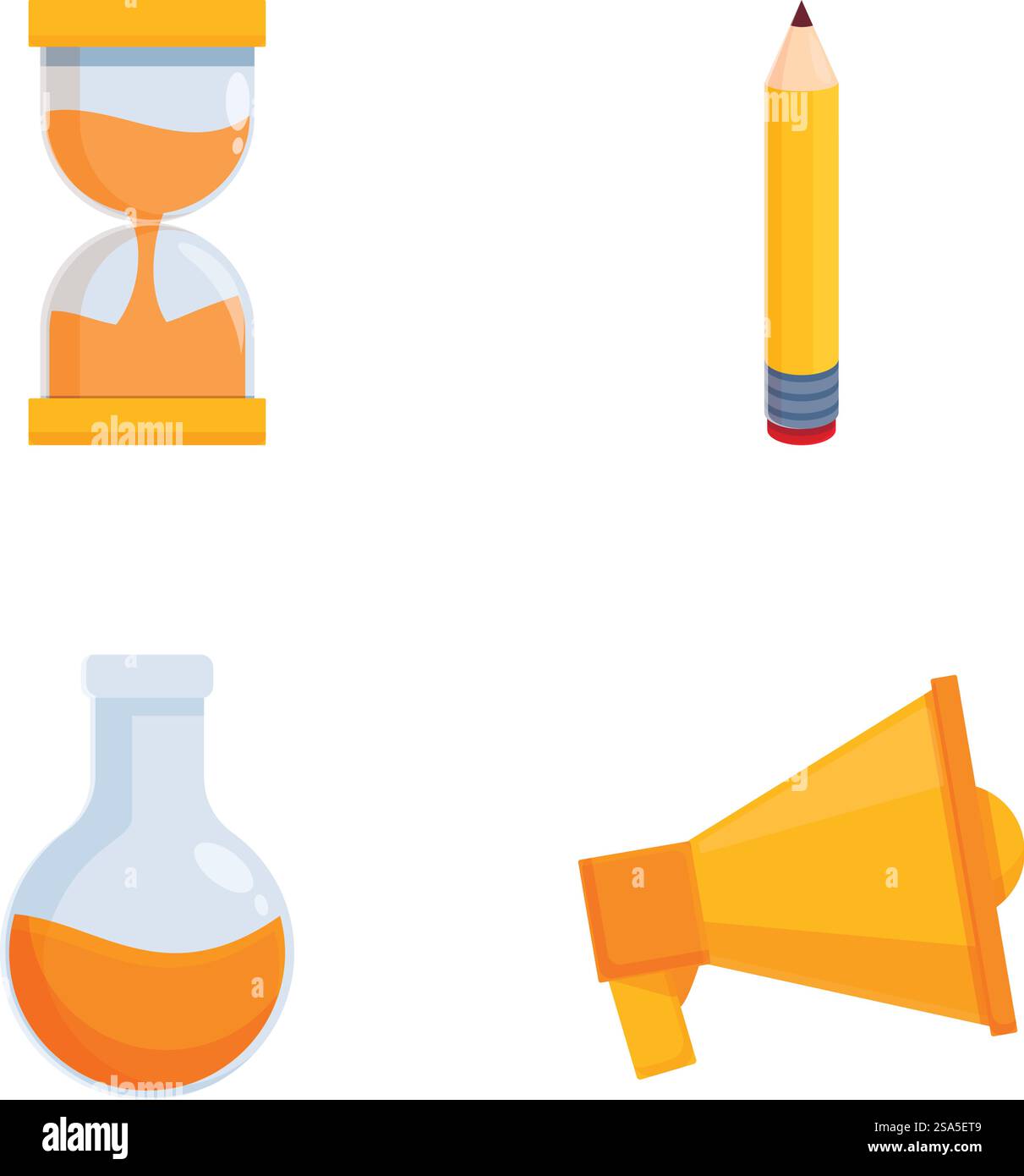 Set of colorful flat design icons featuring a hourglass, pencil, flask ...