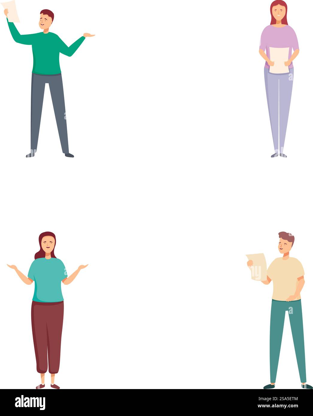 Collection of four illustrated characters in casual attire expressing ...