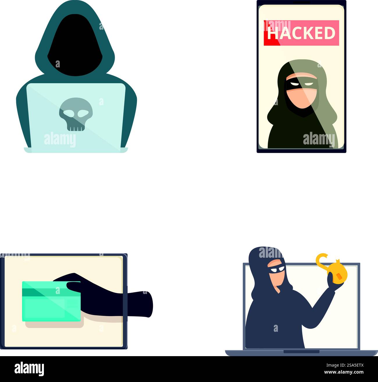 Set of cybersecurity threat icons featuring hacking. Hacker. Computer security. Internet safety ...