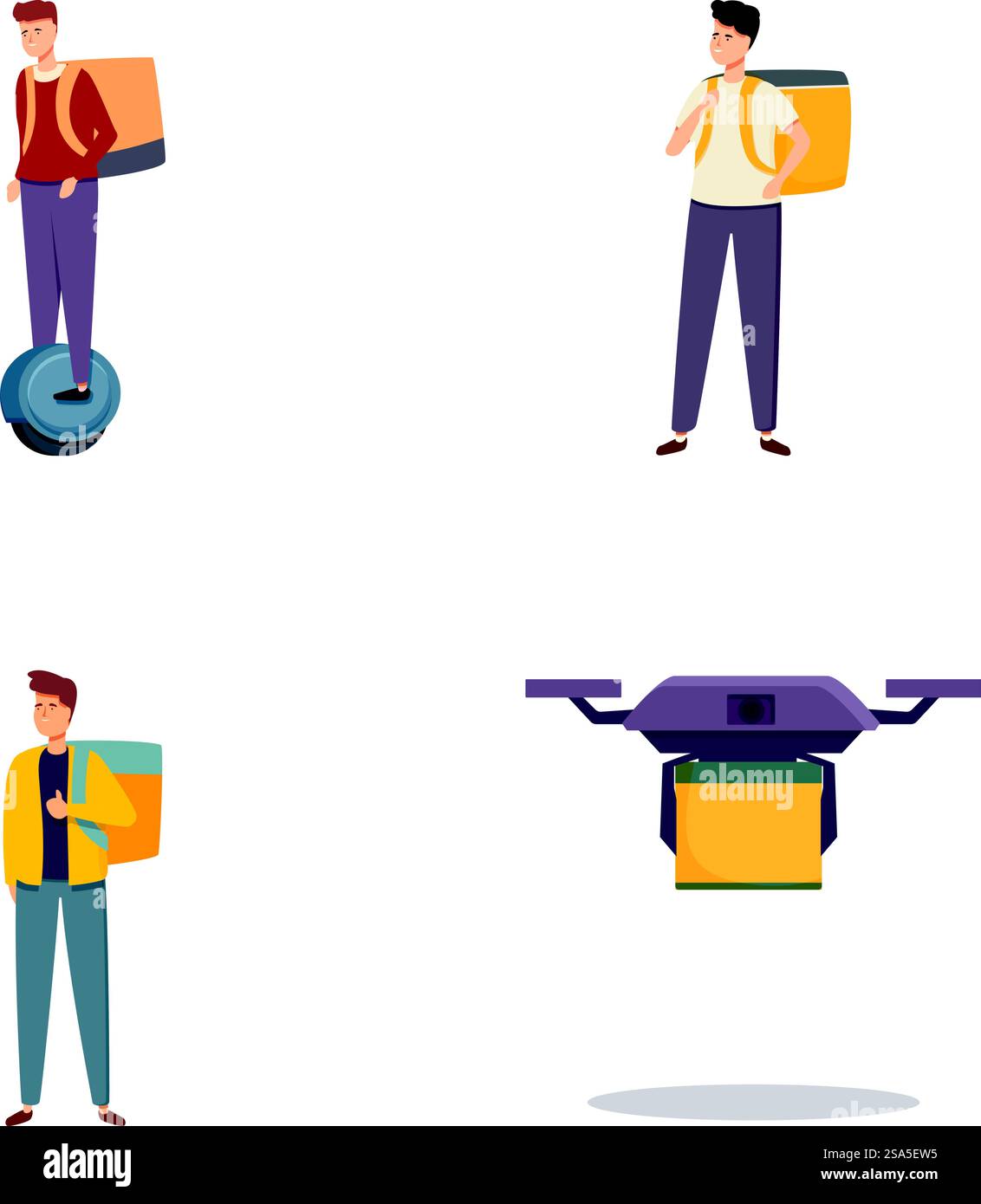 Set of illustrations featuring a delivery man with various modern ...